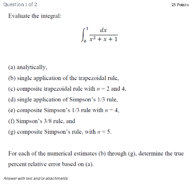 Solved Question 1 of 2 25 Points Evaluate the integral: dx | Chegg.com