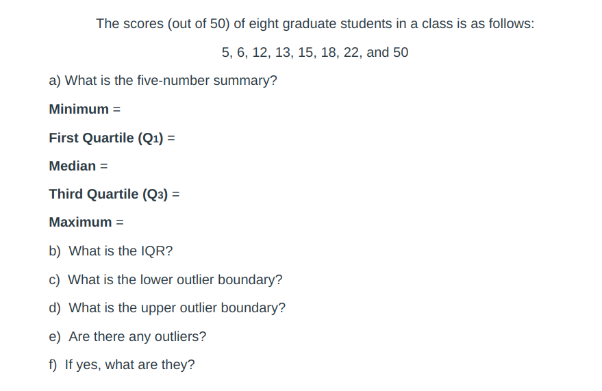 Solved The scores (out of 50) of eight graduate students in | Chegg.com