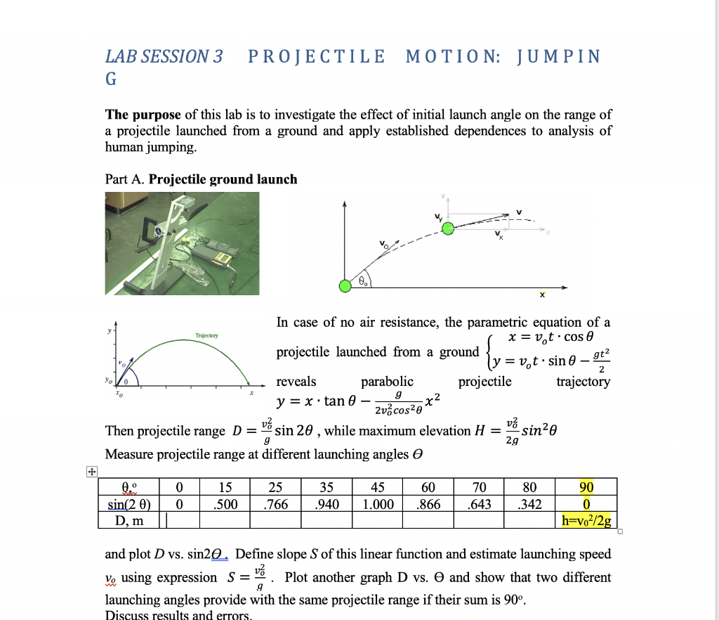 Solved LAB SESSION 3 PROJECTILE MOTION: JUMPIN The purpose | Chegg.com