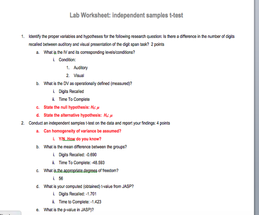 Solved Lab Worksheet: independent samples t-test . Identify | Chegg.com