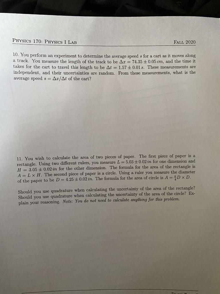 Solved PHYSICS 170: PHYSICS I LAB FALL 2020 10. You perform | Chegg.com