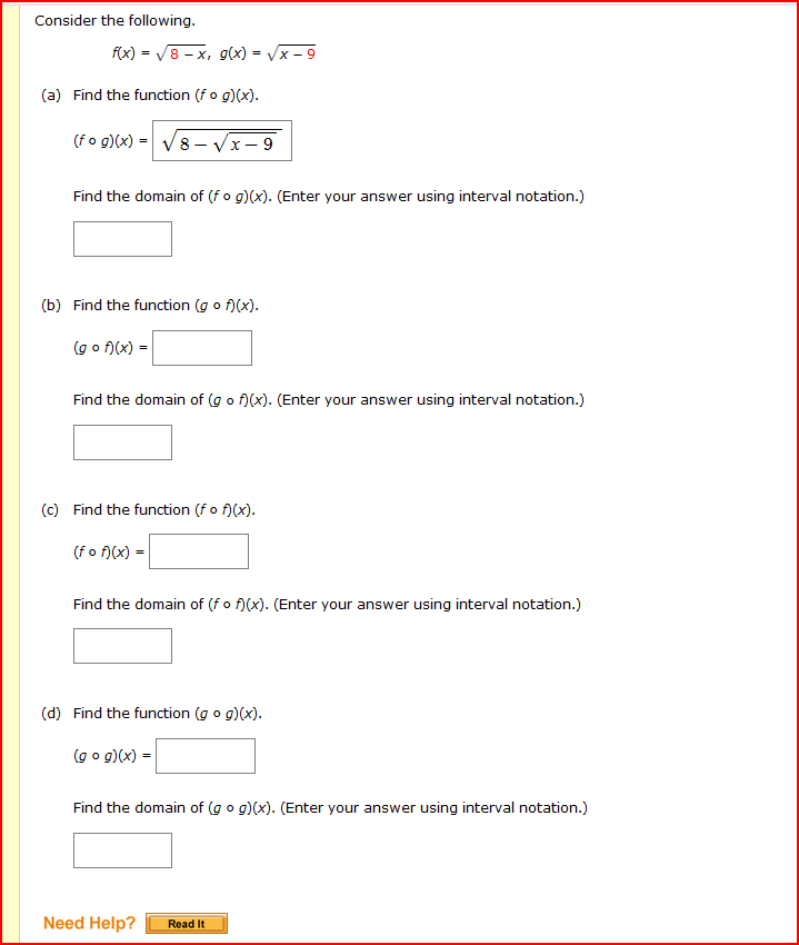 Solved Consider the following. f(x)=sqrt(8-x),g(x)=sqrt(x-9) | Chegg.com