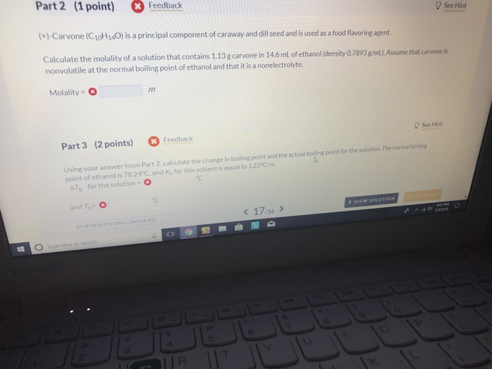 Solved Part 2 (1 point) Feedback (+)-Carvone (C1oH140) is a | Chegg.com
