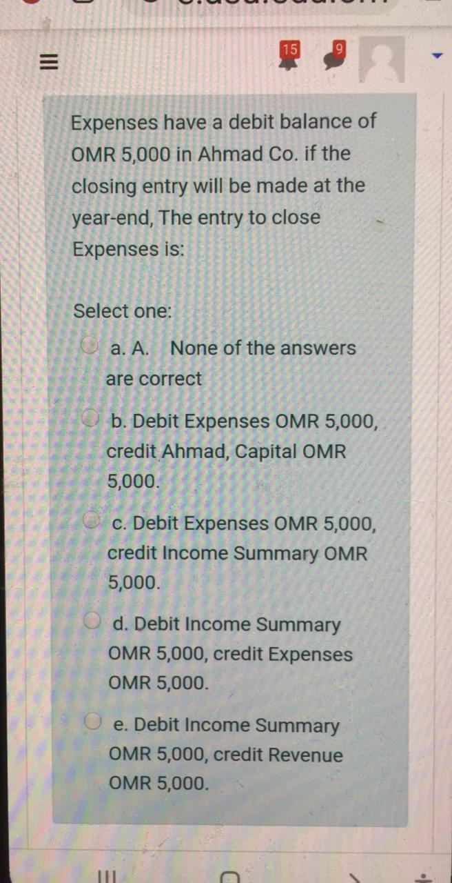 Solved 15 III Expenses have a debit balance of OMR 5,000 in | Chegg.com