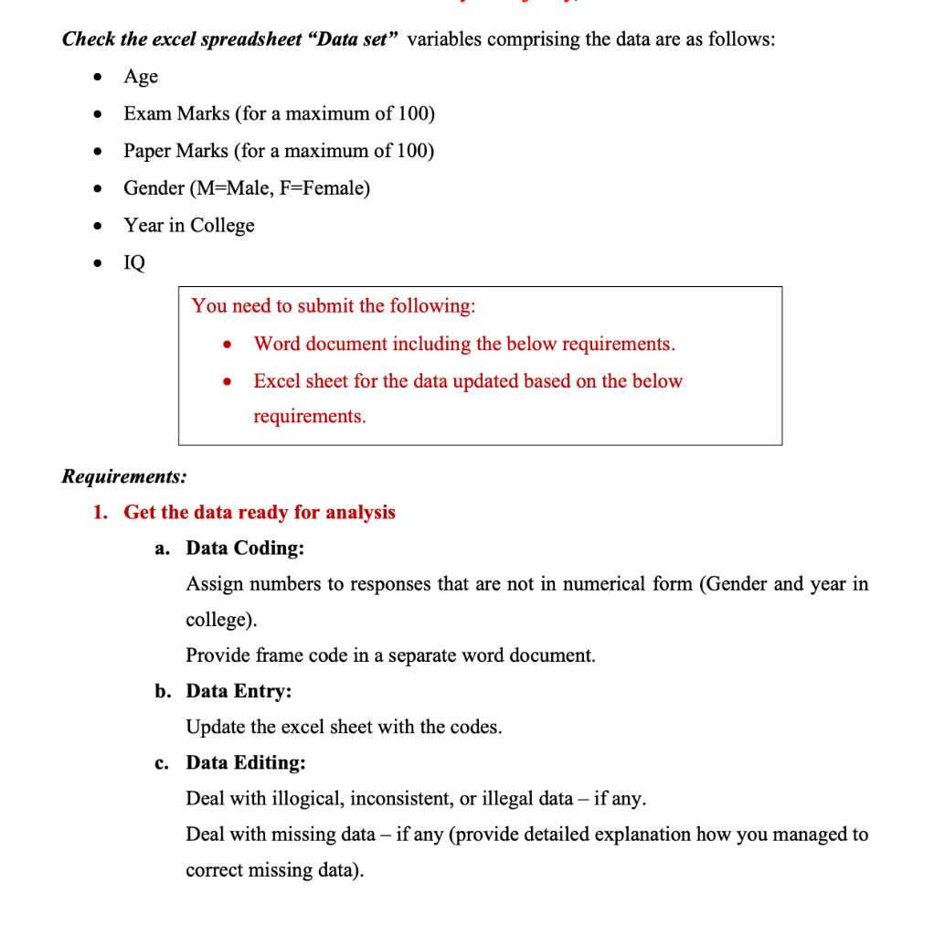Check the excel spreadsheet "Data set" variables | Chegg.com