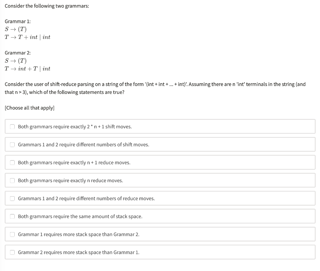 Solved Consider the following two grammars: Grammar 1: S + | Chegg.com
