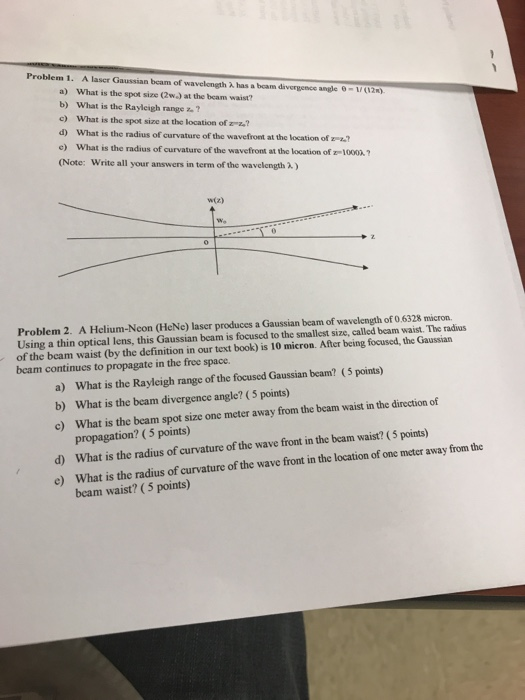 Problem 1. A laser Gaussian beam of wavelength has a | Chegg.com