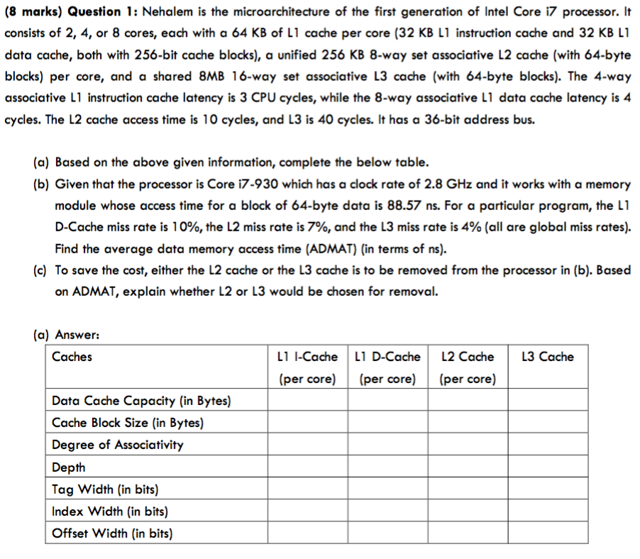 (8 marks) Question 1: Nehalem is the | Chegg.com