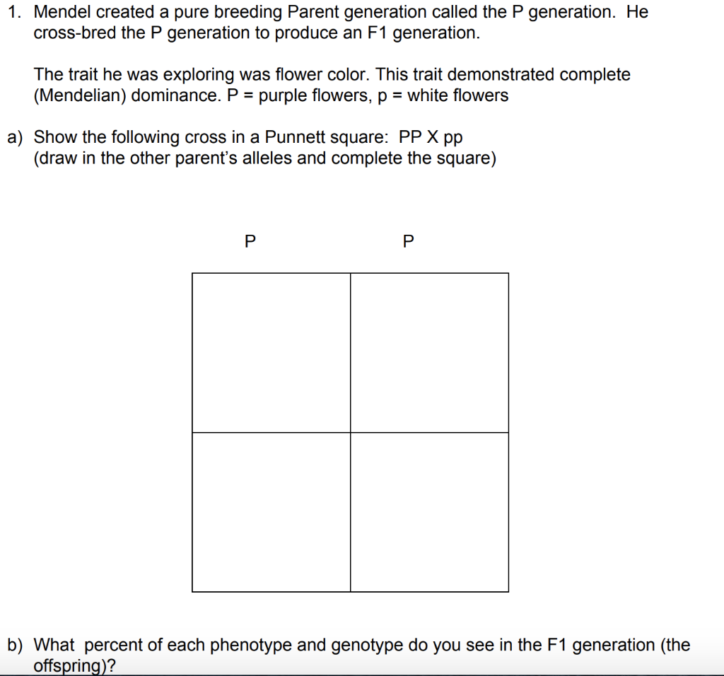 Solved 1. Mendel created a pure breeding Parent generation | Chegg.com