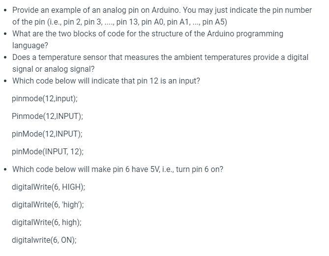 Solved Provide an example of an analog pin on Arduino. You | Chegg.com