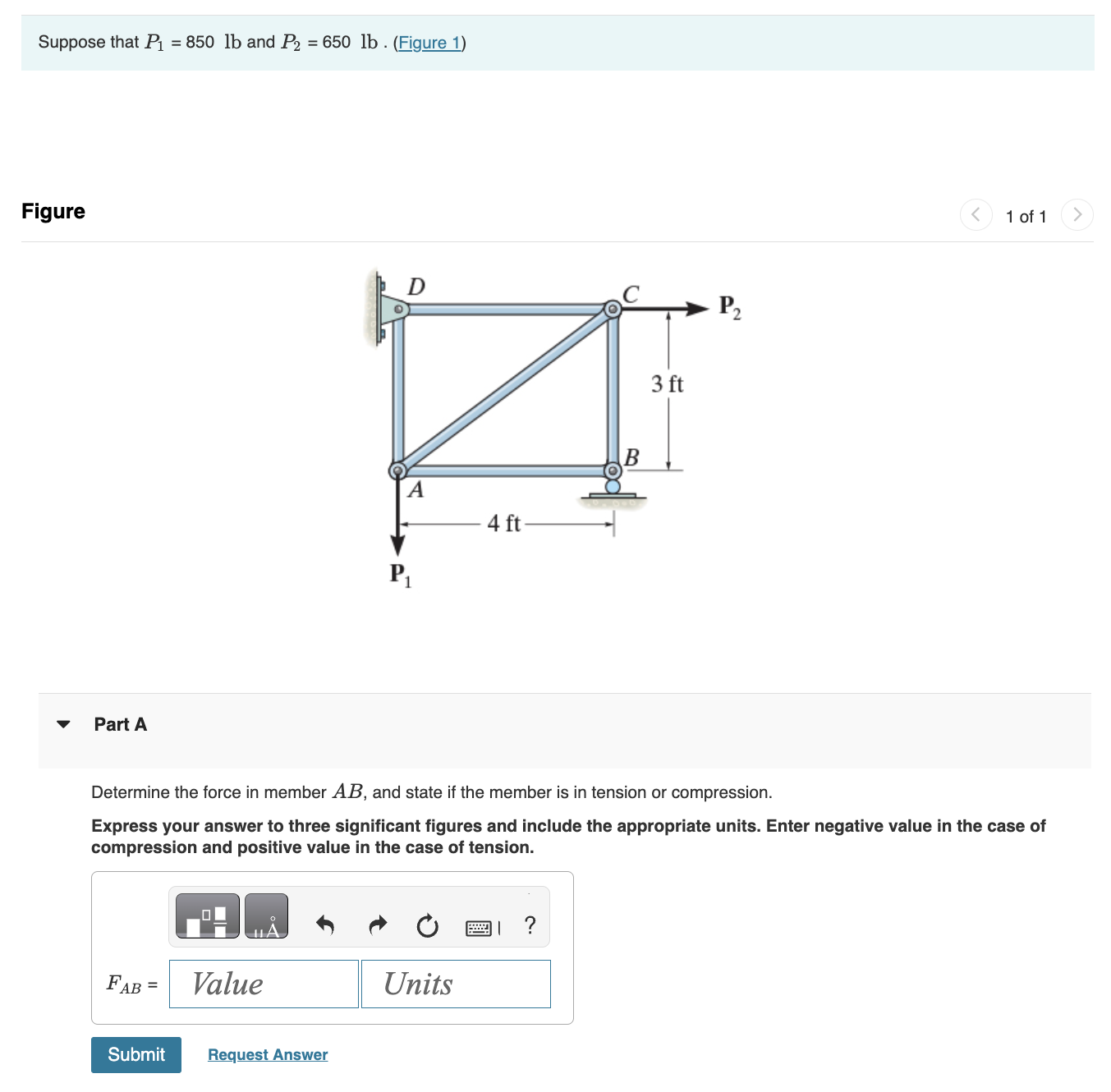 Solved Suppose that P1=850lb ﻿and P2=650lb. (Figure 1) ﻿Part | Chegg.com