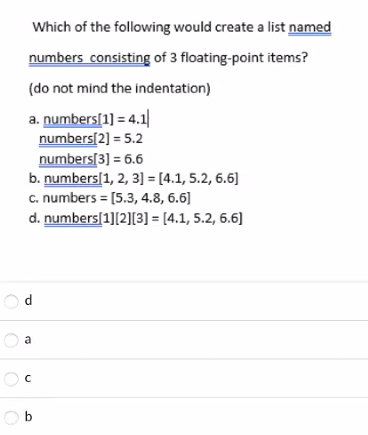 Solved Which of the following would create a list named | Chegg.com
