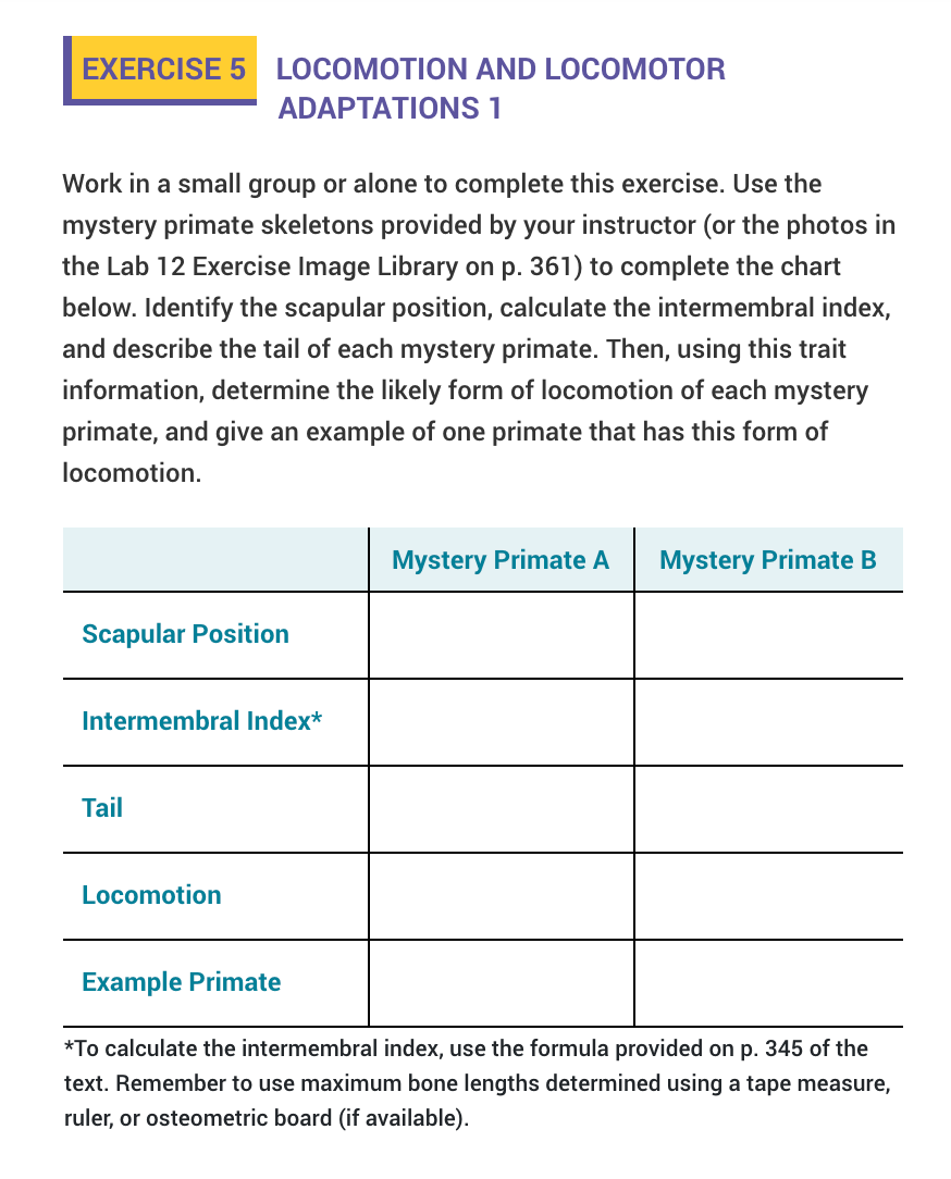 EXERCISE 5 LOCOMOTION AND LOCOMOTOR ADAPTATIONS 1 | Chegg.com