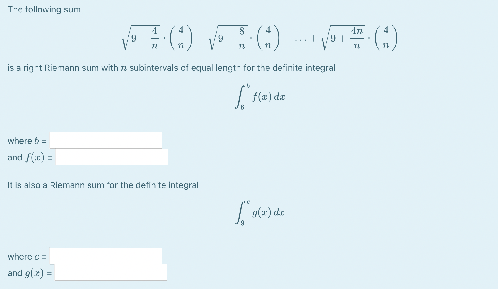 Solved The following sum 9+n4⋅(n4)+9+n8⋅(n4)+…+9+n4n⋅(n4) is | Chegg.com