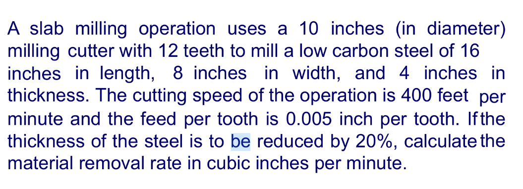 Solved A slab milling operation uses a 10 inches (in | Chegg.com