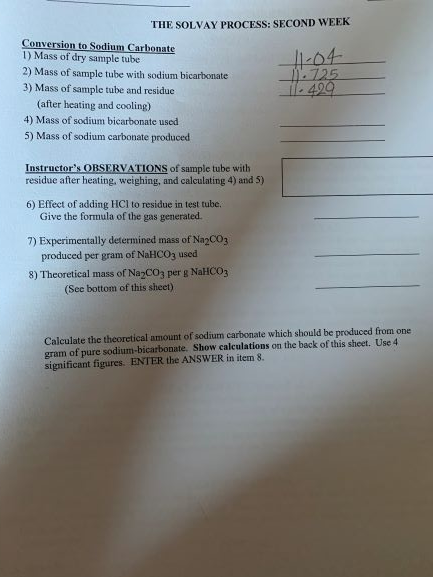 Solved THE SOLVAY PROCESS: SECOND WEEK 11-04 1.725 | Chegg.com