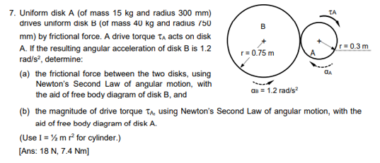 Solved 7. Uniform disk A (of mass 15 kg and radius 300 mm ) | Chegg.com