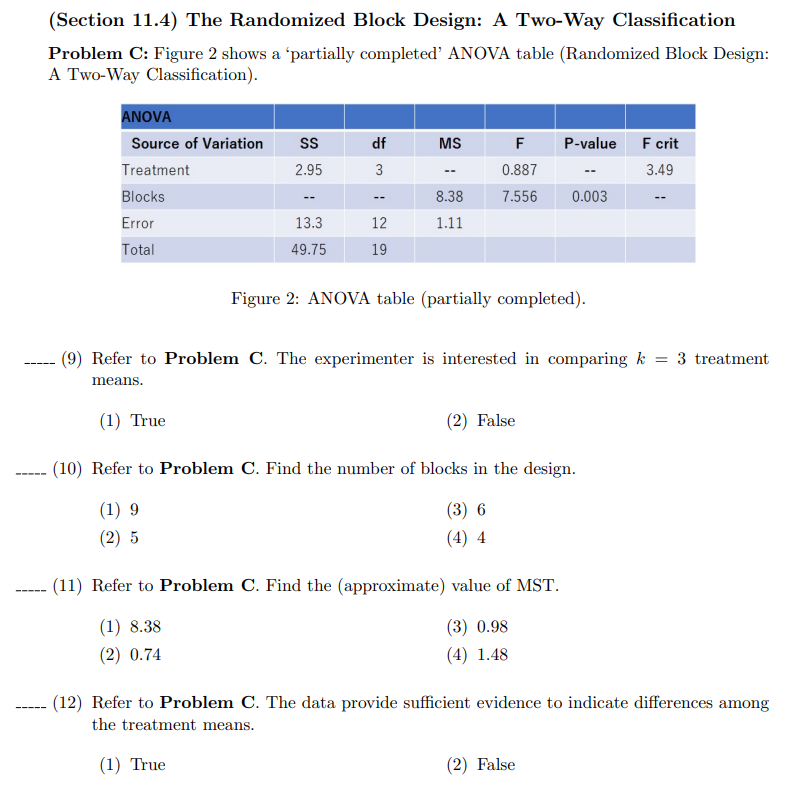 Solved (Section 11.4) The Randomized Block Design: A Two-Way | Chegg.com
