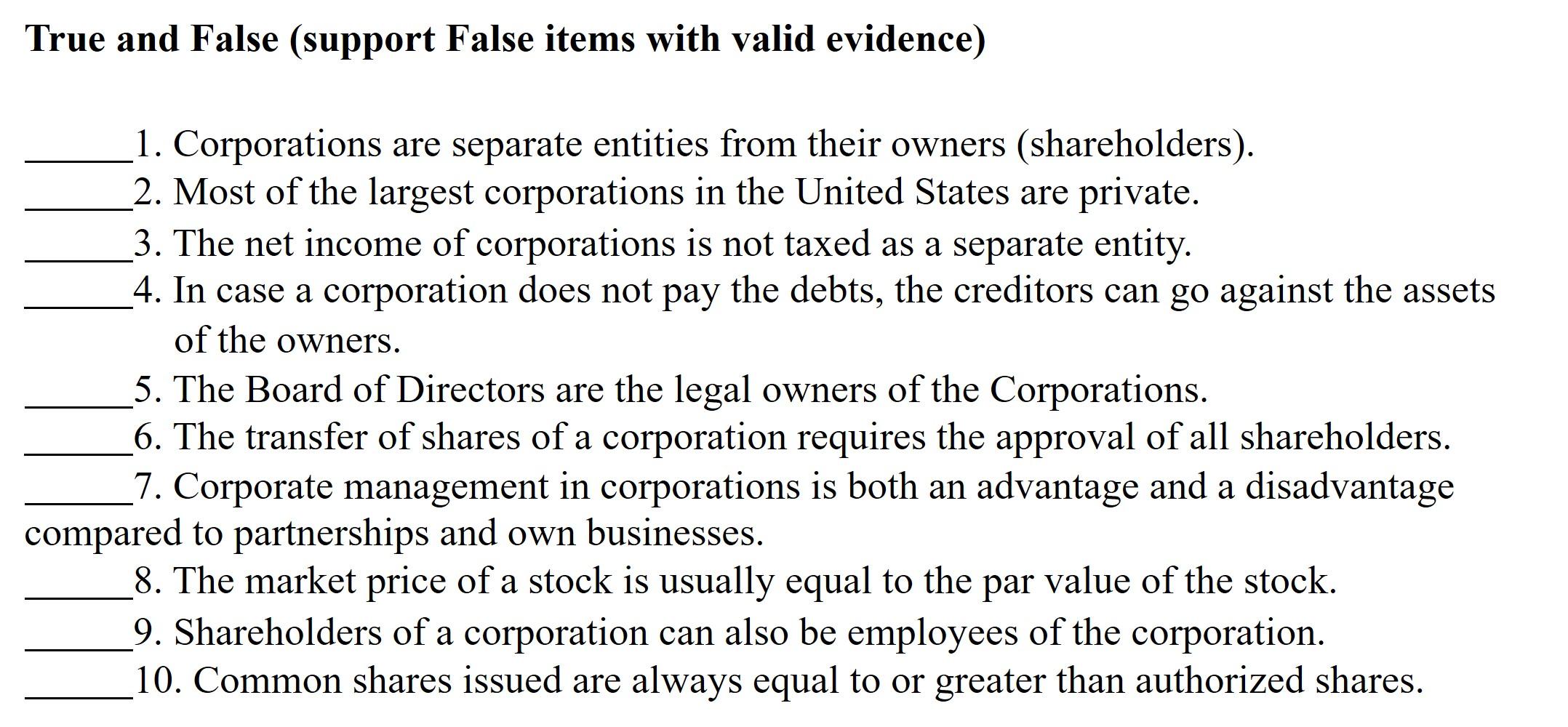Solved True and False (support False items with valid | Chegg.com