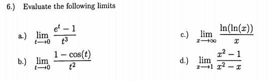 Solved 6.) Evaluate the following limits In(ln(x)) a.) lim | Chegg.com