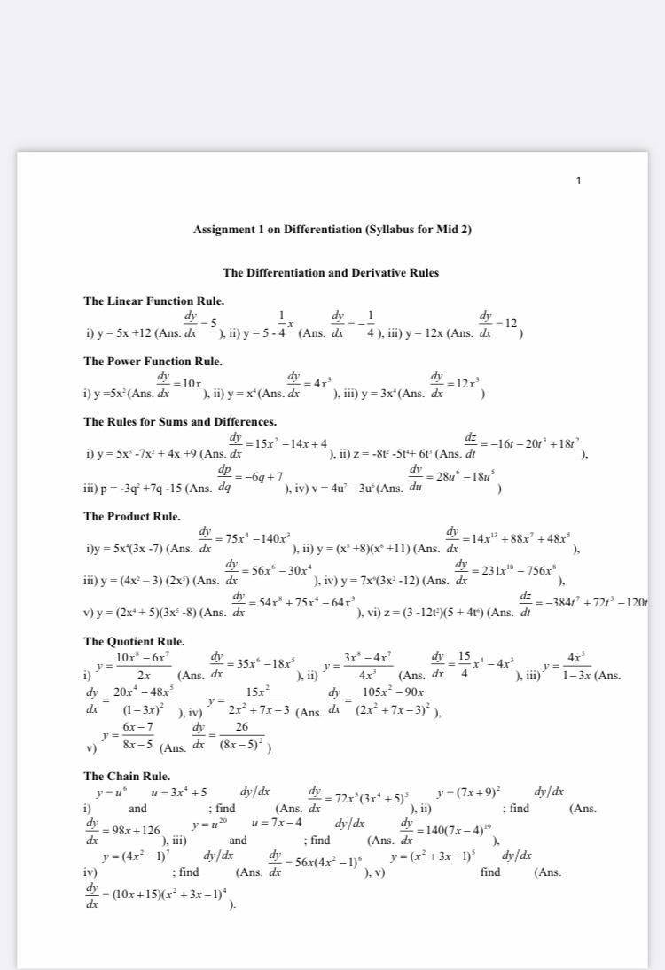 Solved 1 Assignment 1 on Differentiation (Syllabus for Mid | Chegg.com