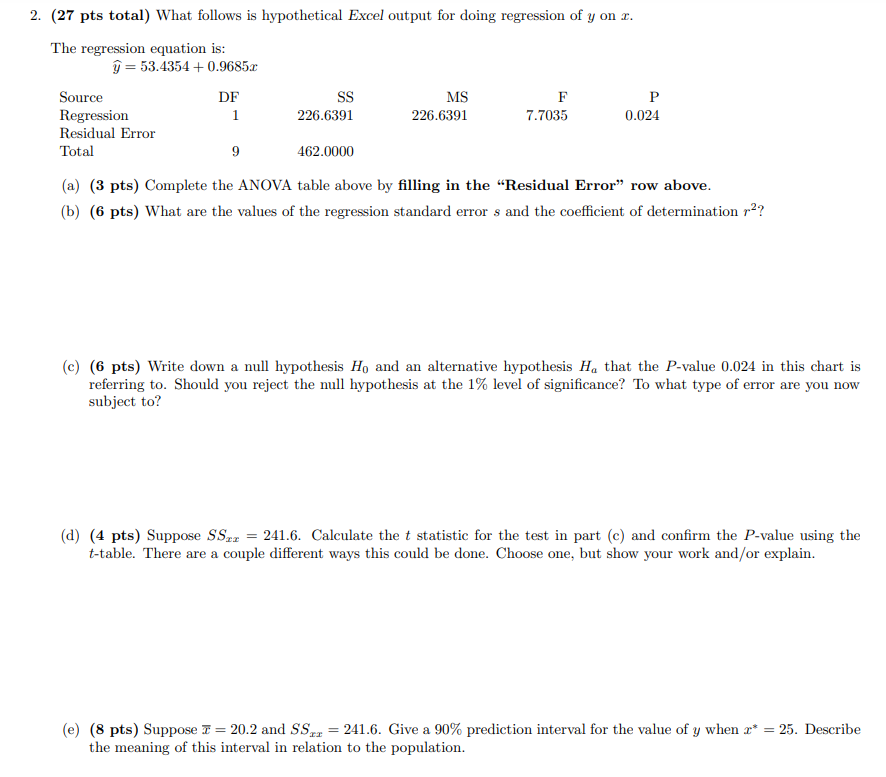 Solved 2. (27 pts total) What follows is hypothetical Excel | Chegg.com