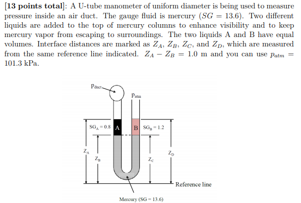Solved (13 points total]: A U-tube manometer of uniform | Chegg.com