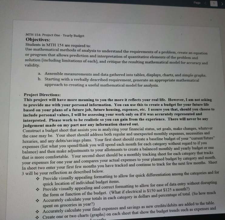 Page 1 > MTH 154: Project One-Yearly Budget | Chegg.com