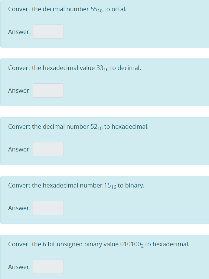 Solved Convert the decimal number 5510 to octal. Answer: | Chegg.com