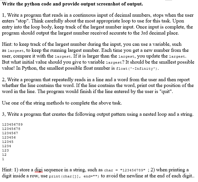 Solved Write The Python Code And Provide Output Screenshot 