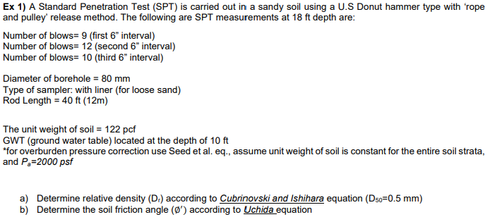 Solved Ex 1) A Standard Penetration Test (SPT) is carried | Chegg.com