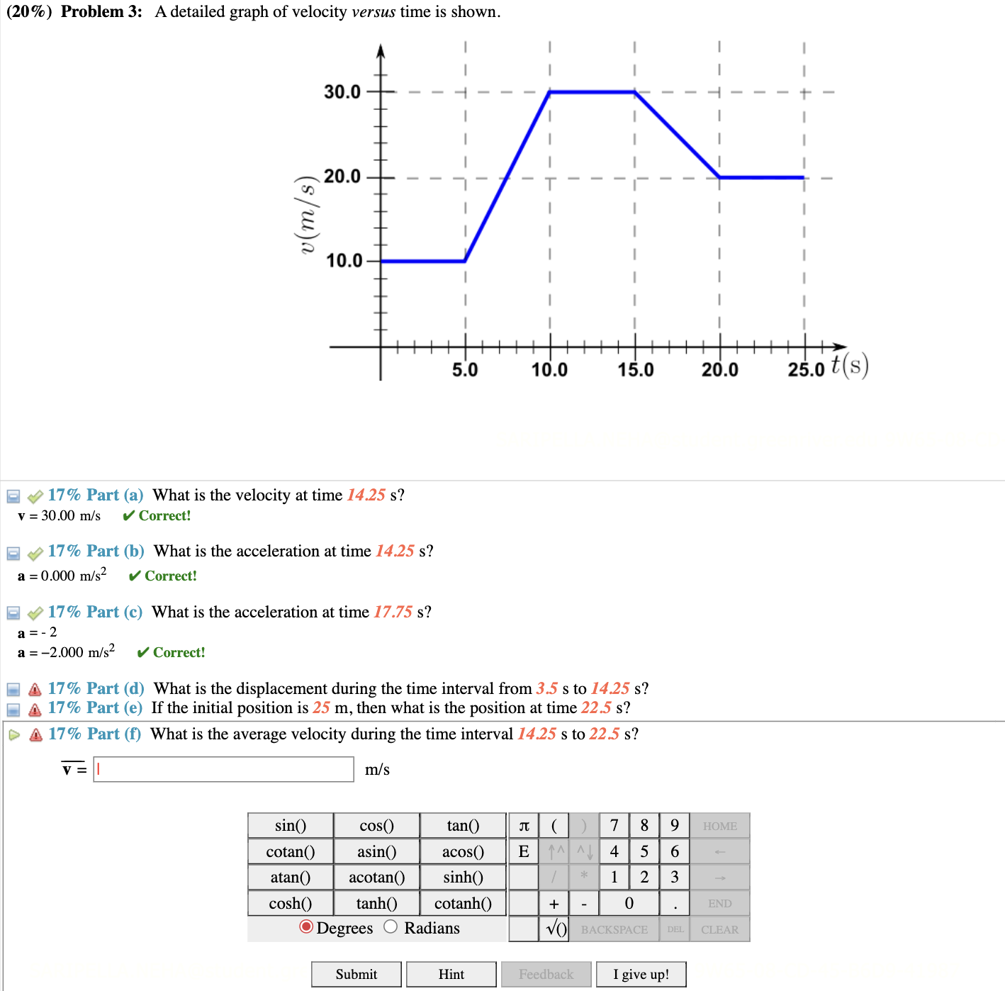 Solved (20\%) Problem 3: A detailed graph of velocity versus | Chegg.com