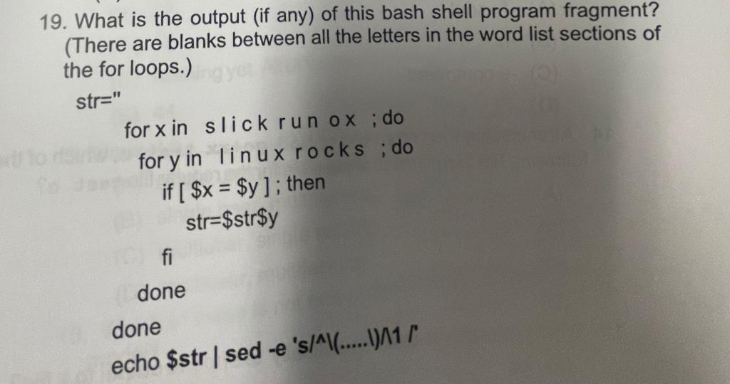 Solved 19. What is the output (if any) of this bash shell | Chegg.com
