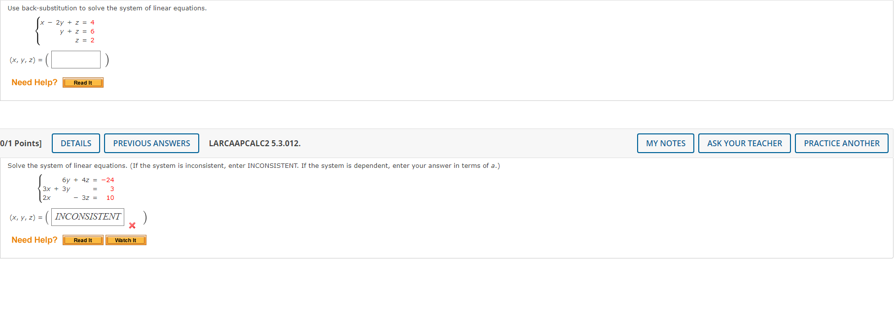 Solved Use back-substitution to solve the system of linear | Chegg.com
