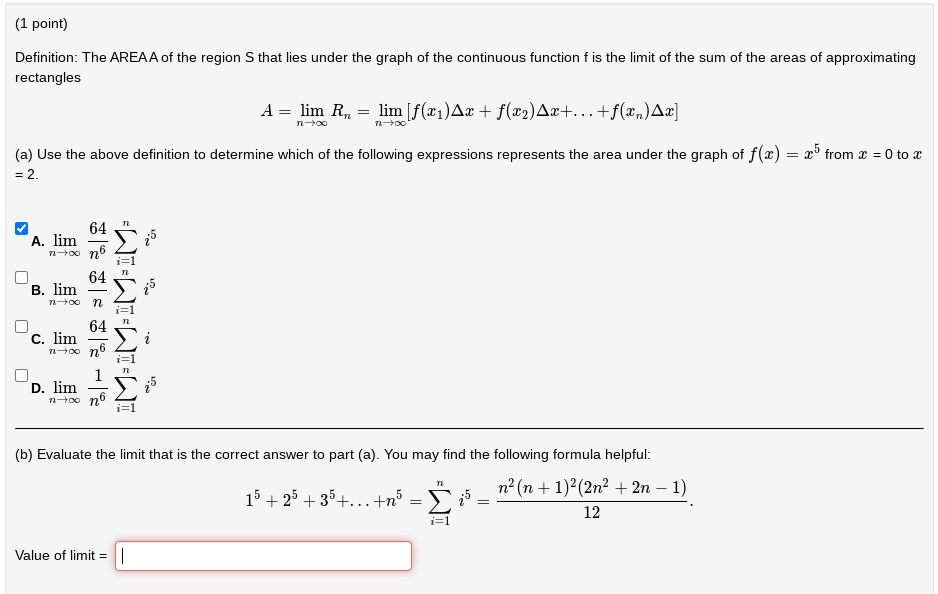 Solved (1 point) Definition: The AREA A of the region that | Chegg.com
