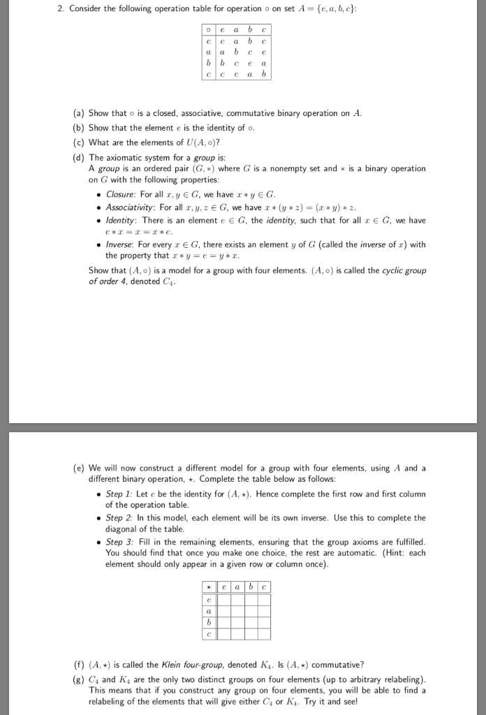 Solved 2. Consider the following operation table for | Chegg.com
