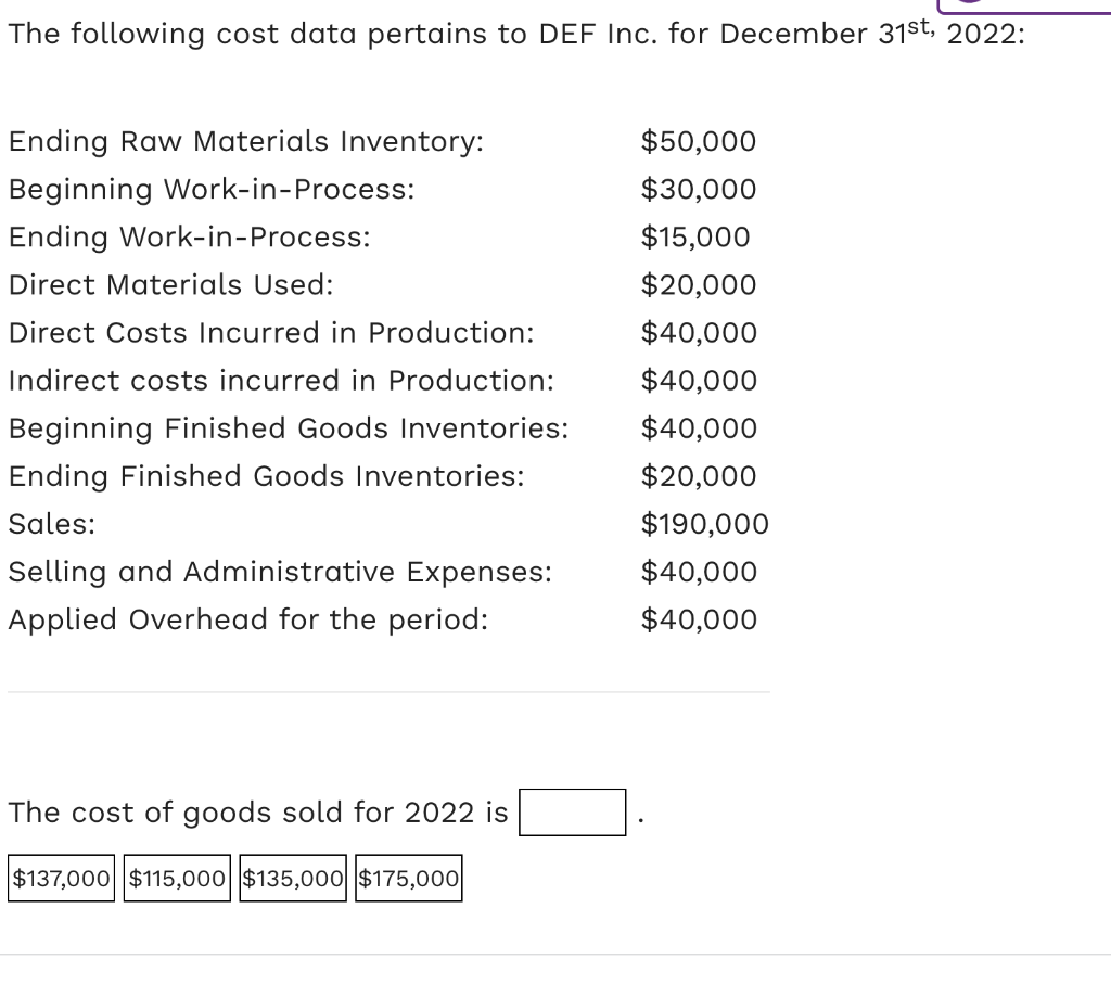 Solved The following cost data pertains to DEF Inc. for | Chegg.com