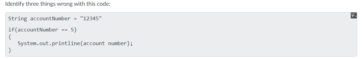 Solved Identify three things wrong with this code: String | Chegg.com