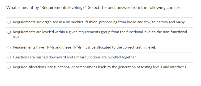 Solved What is meant by “Requirements leveling?" Select the | Chegg.com