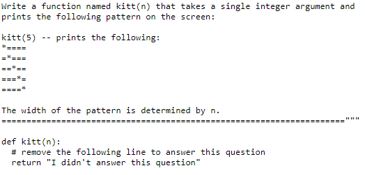Solved Write a function named kitt(n) that takes a single | Chegg.com