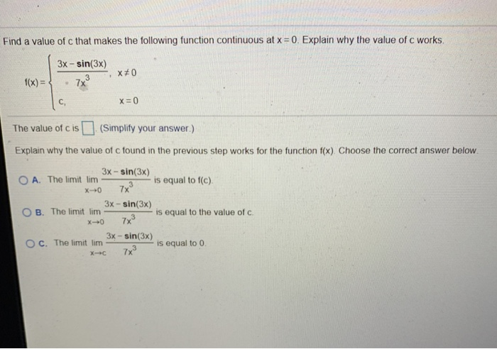 Solved Find a value of c that makes the following function | Chegg.com