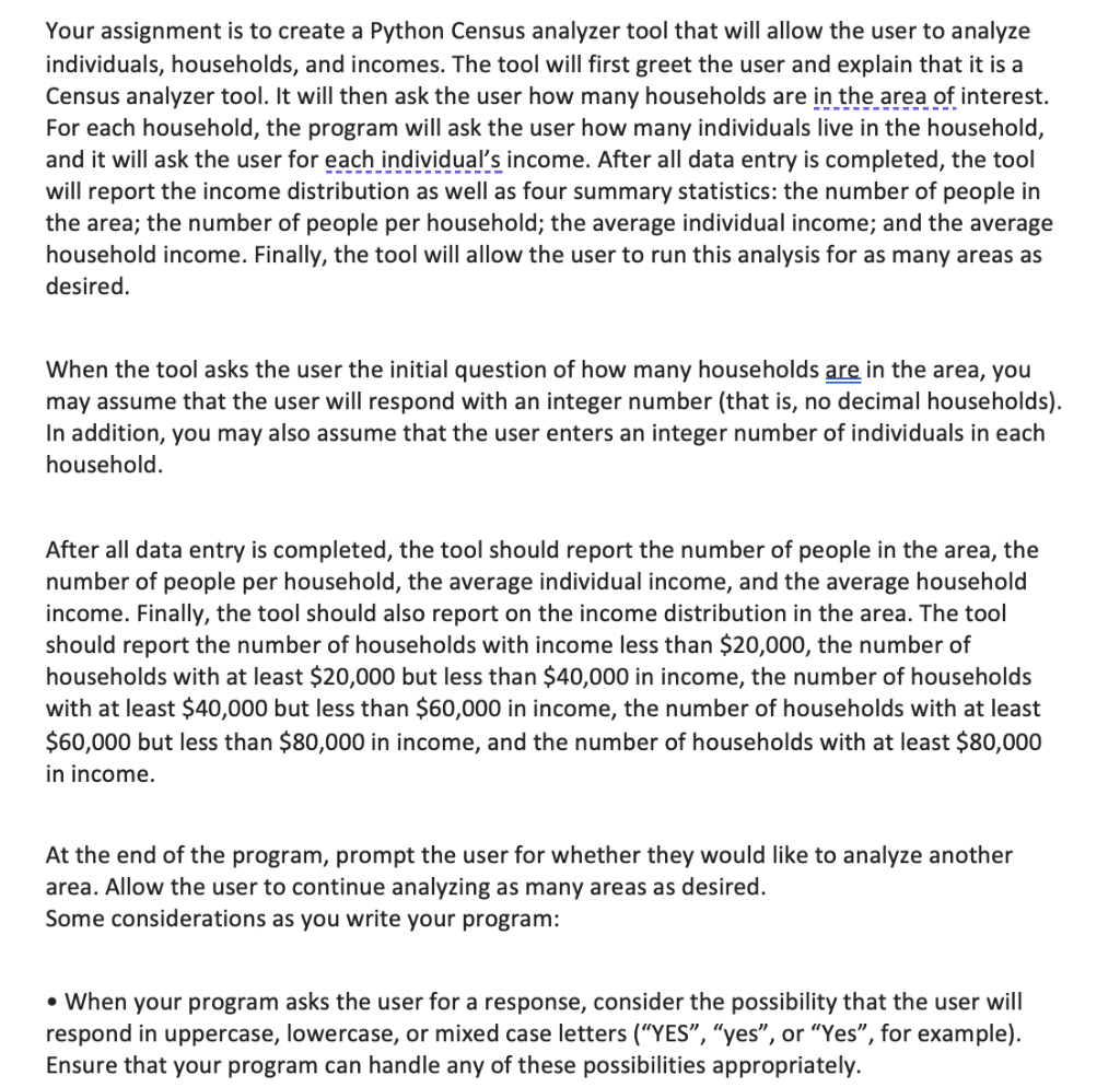 Solved Your assignment is to create a Python Census analyzer | Chegg.com