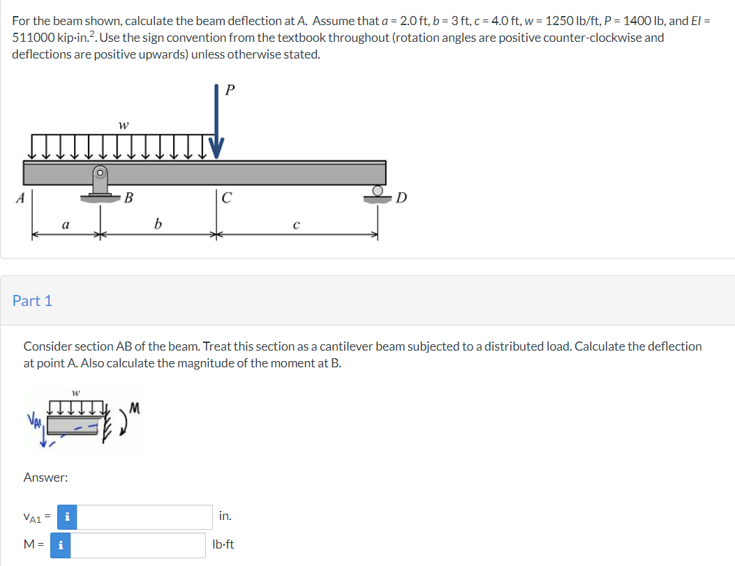 For the beam shown, calculate the beam deflection at | Chegg.com