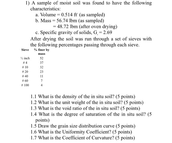 Solved 1) A sample of moist soil was found to have the | Chegg.com