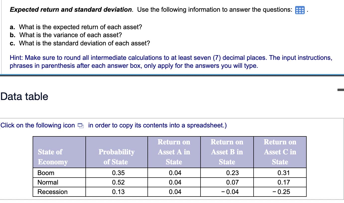 Expected return and standard deviation. Use the | Chegg.com