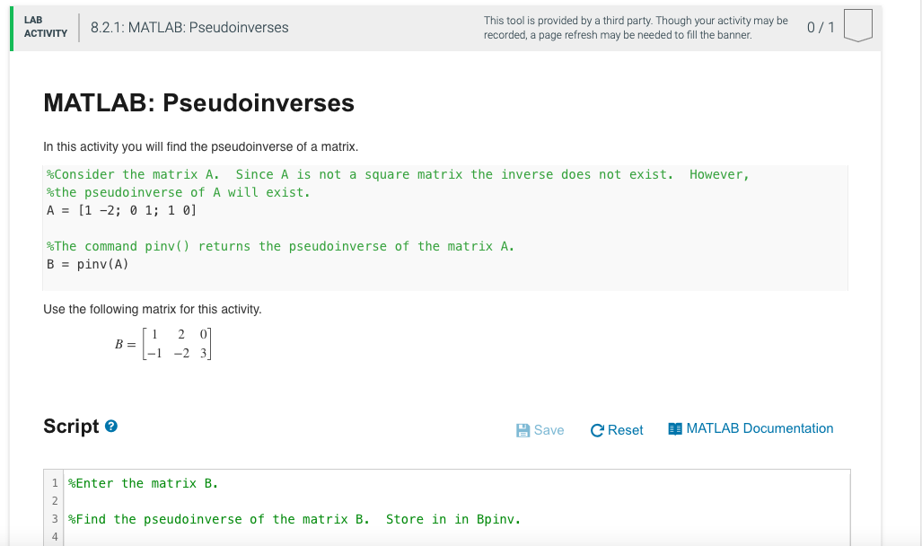 Solved 8.2.1: MATLAB: Pseudoinverses This tool is provided | Chegg.com