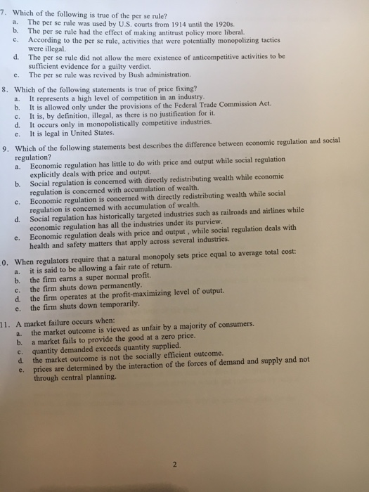 Solved 7. Which of the following is true of the per se rule? | Chegg.com