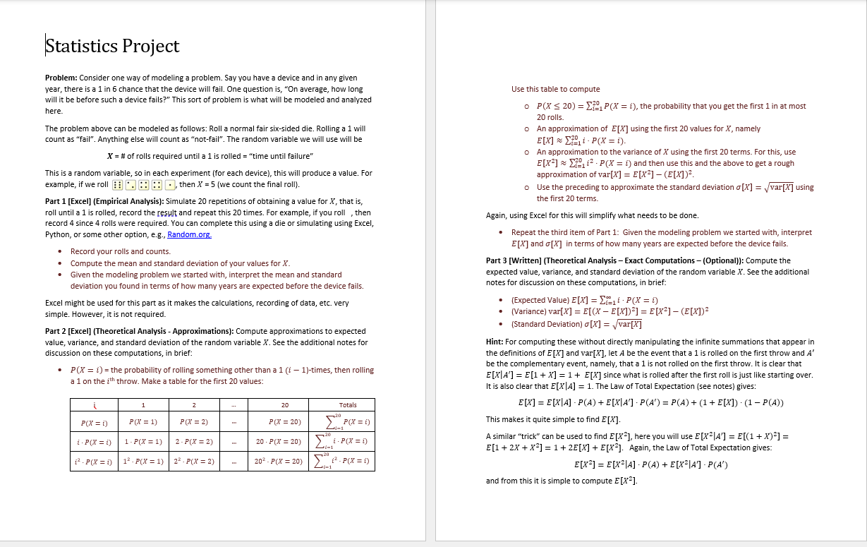 Solved Statistics Project Use this table to compute Problem: | Chegg.com