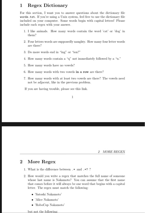 Solved 1 Regex Dictionary For this section, I want you to | Chegg.com