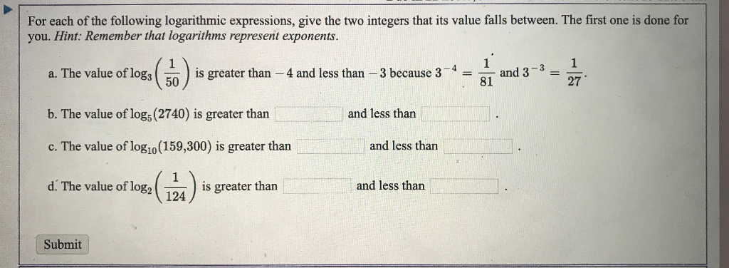 Solved For each of the following logarithmic expressions, | Chegg.com
